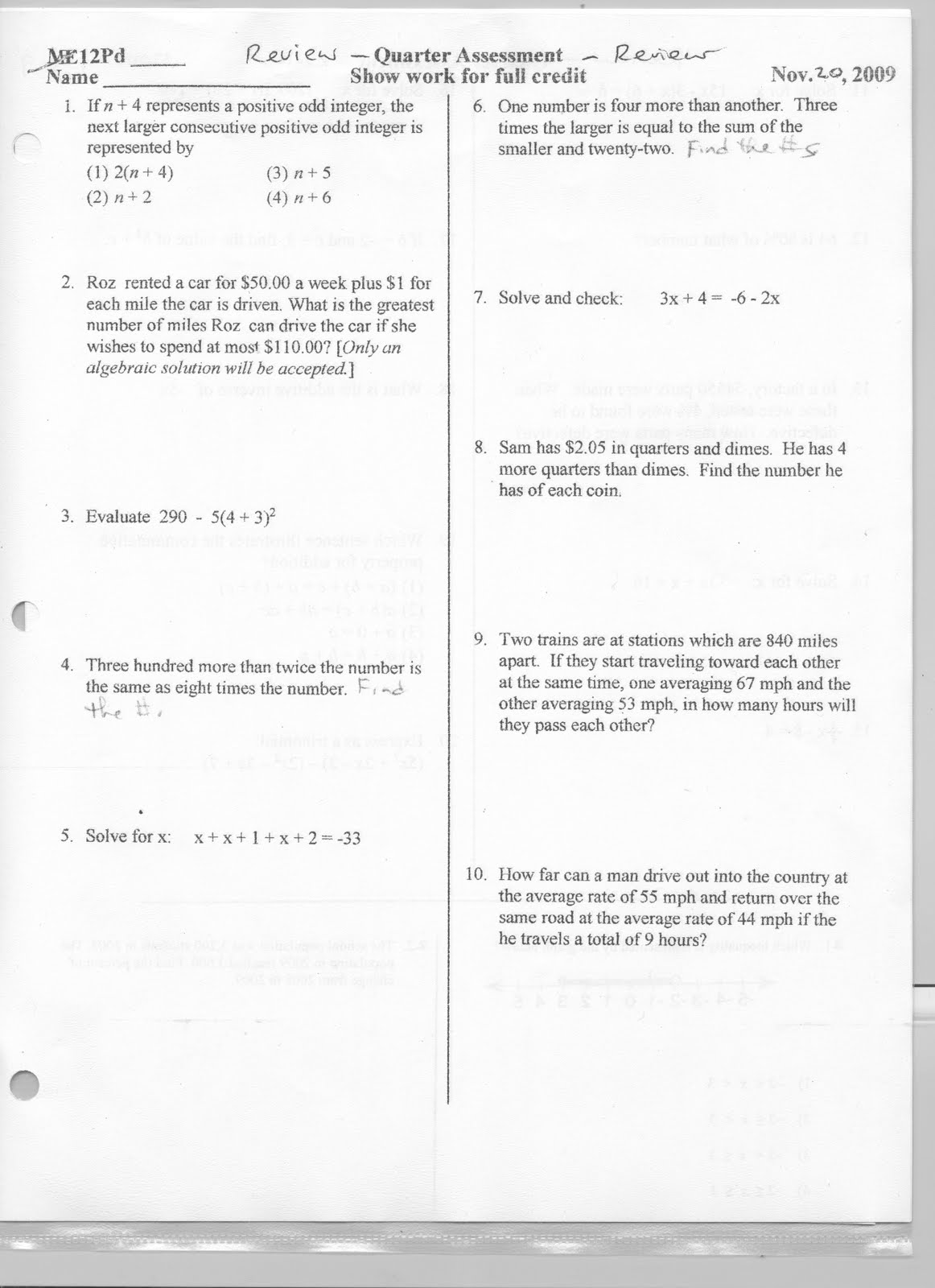 Mr. Napoli's Algebra: Quarterly Test Review #2