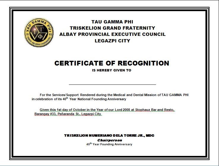 Apec Legazpi City Tgp 1968 Tgs 1969 Certificate 40th Anniversary Tau Gamma Phi