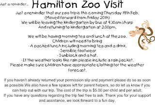 Grasslands Kindergarten: Hamilton Zoo Trip - Reminder Notice