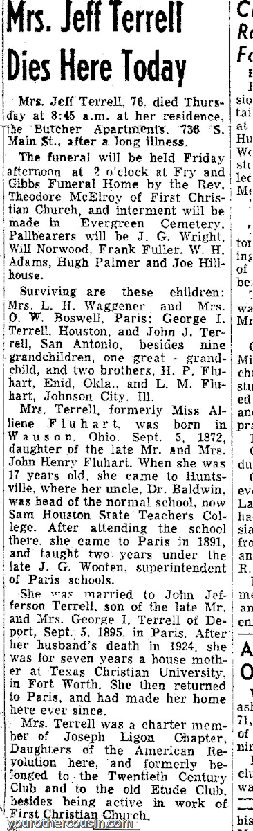 Your Other Cousin: Frank Alliene Fluhart Terrell 1872 [E-3]*