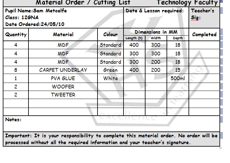 Speaker Design: Material Order / Cutting list