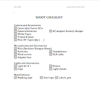 Alex AS Practical Coursework Blog: Shooting Checklist