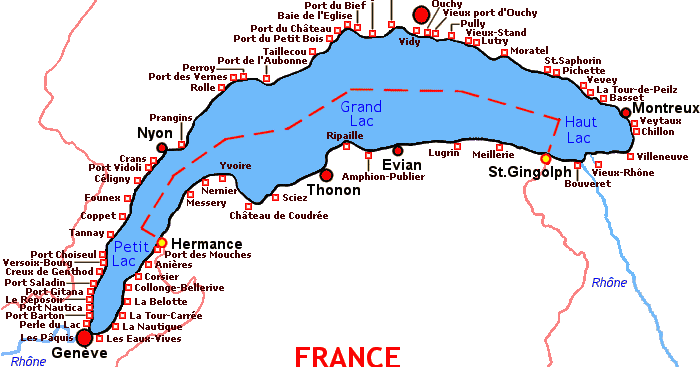 A l'entour du Léman: 379a. Carte du lac 1 : les ports du Léman