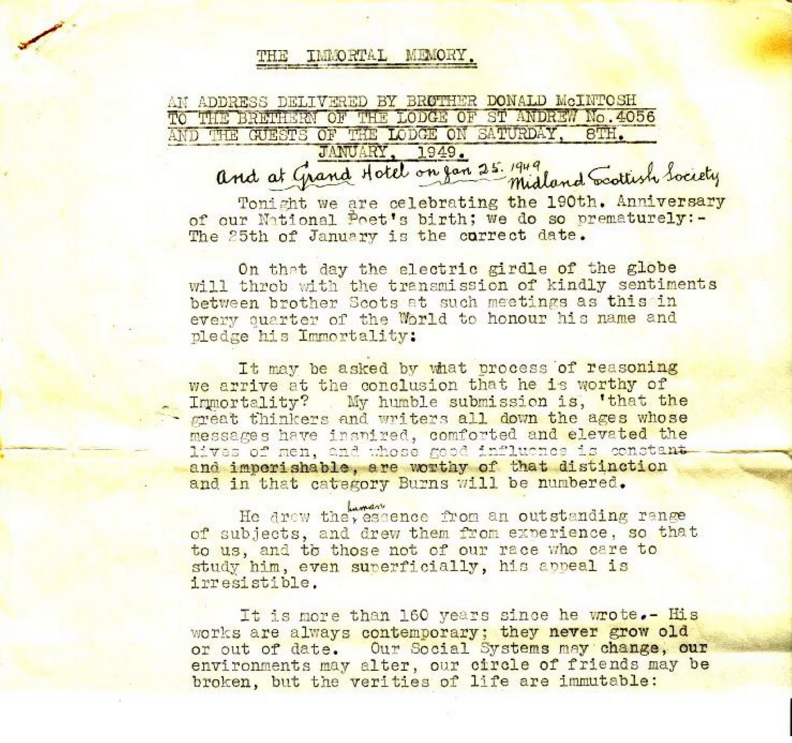 Speeches of Donald McIntosh: The Immortal Memory 1949