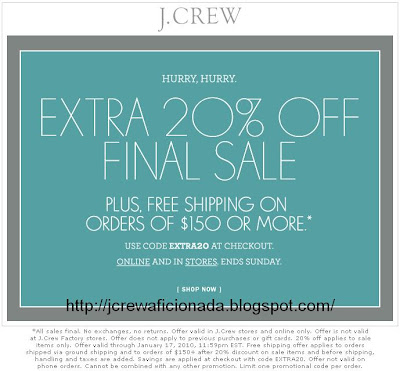 J.Crew Aficionada: J.Crew Email: 2 days left. Extra 20% off sale & FREE ...