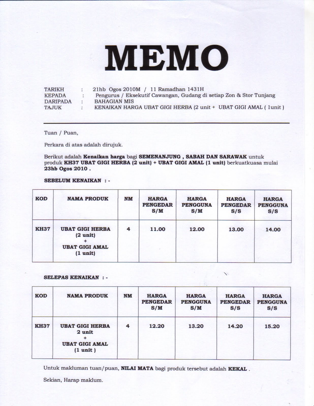 PEJABAT OPERASI ZON SELATAN: MEMO KENAIKAN HARGA UBAT GIGI PEK PROMOSI ...
