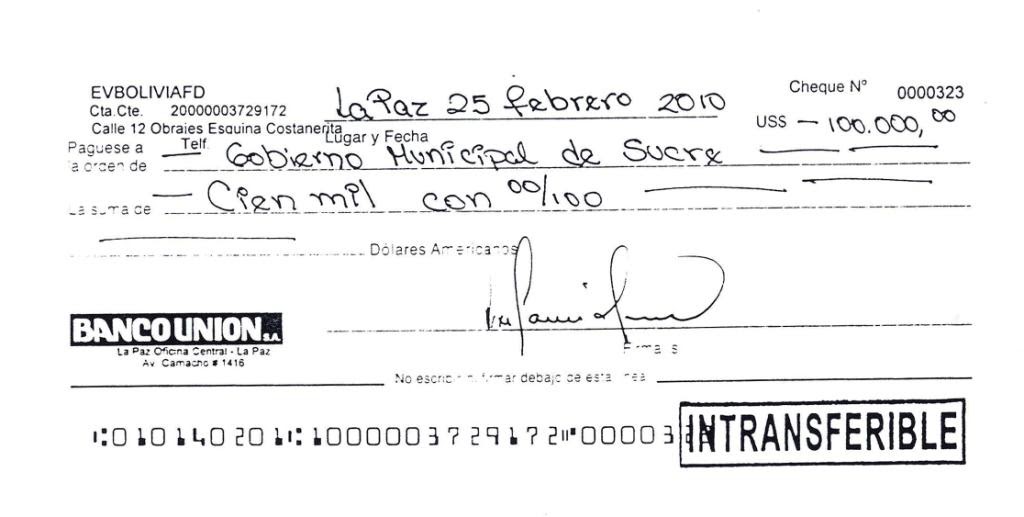 A MI - BOLIVIA: EL CHEQUE DE 100.000 DOLARES