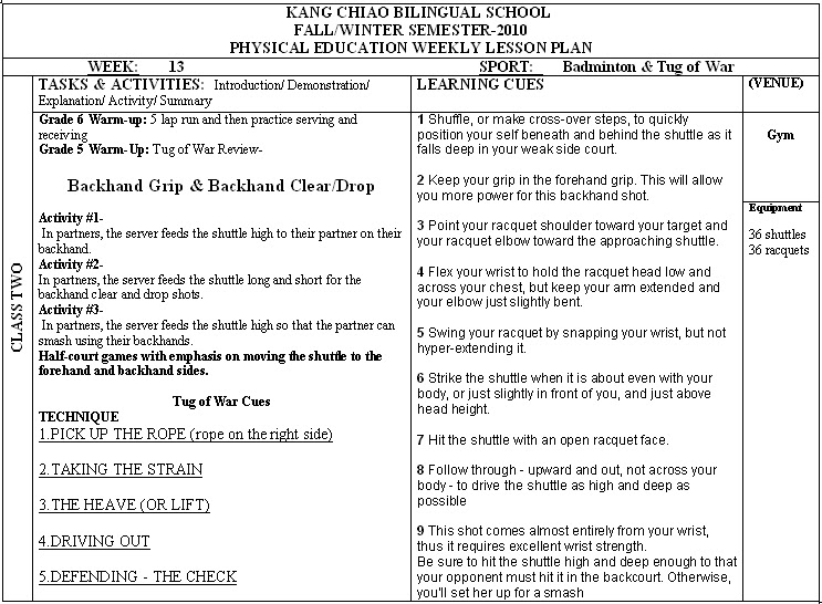 Physical Education Department: PE - Weekly Lesson Plans