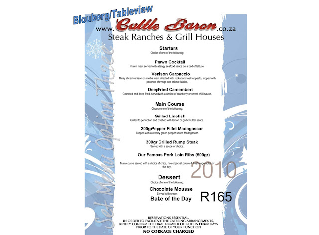 Cattle Baron Tableview Blouberg Tel. 021 557 4165: Set Menu Option 3