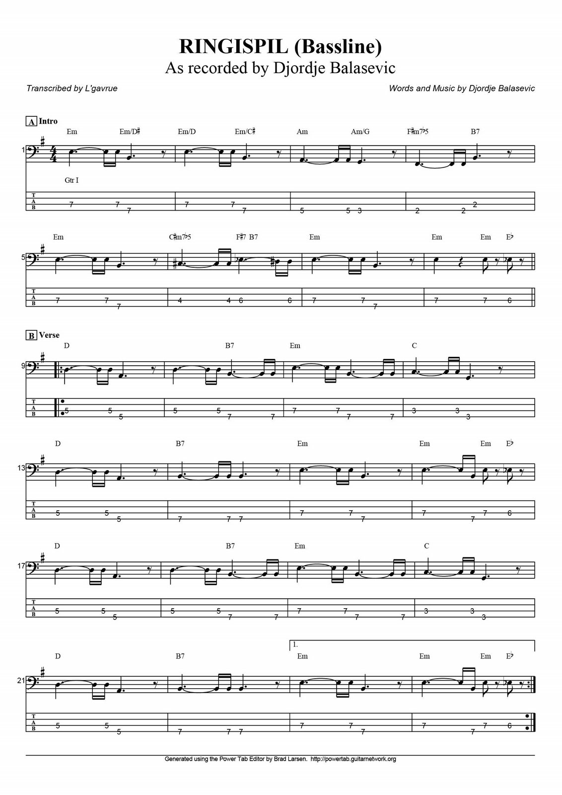 Bass transcriptions: Đorđe Balašević - Ringišpil