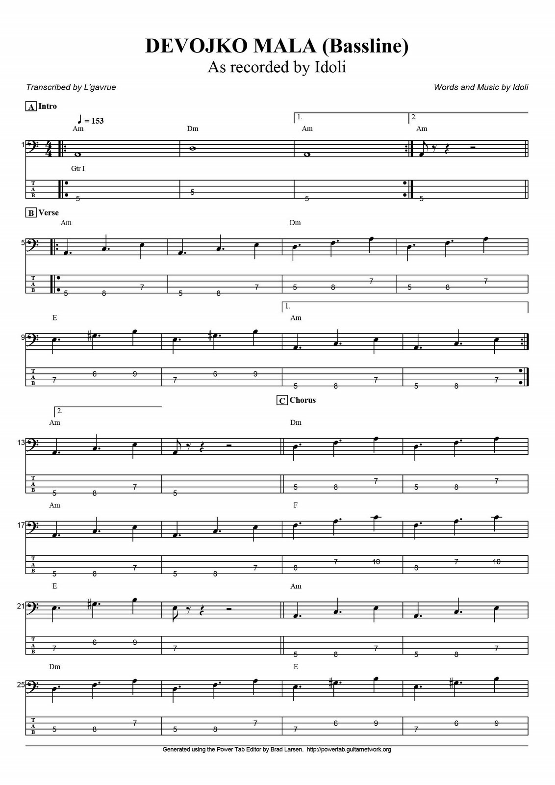 Bass transcriptions: Idoli - Devojko mala (bas transkripcija)