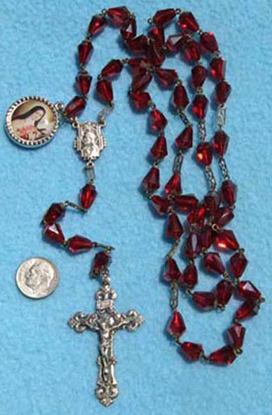 RARE ROSARIES: ANTIQUE RUBY RED TEARDROP CRYSTAL ROSARY W/ RELIC