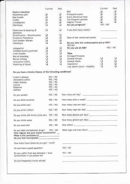 West Sussex Colonics: Colonic Hydrotherapy Questionnaire
