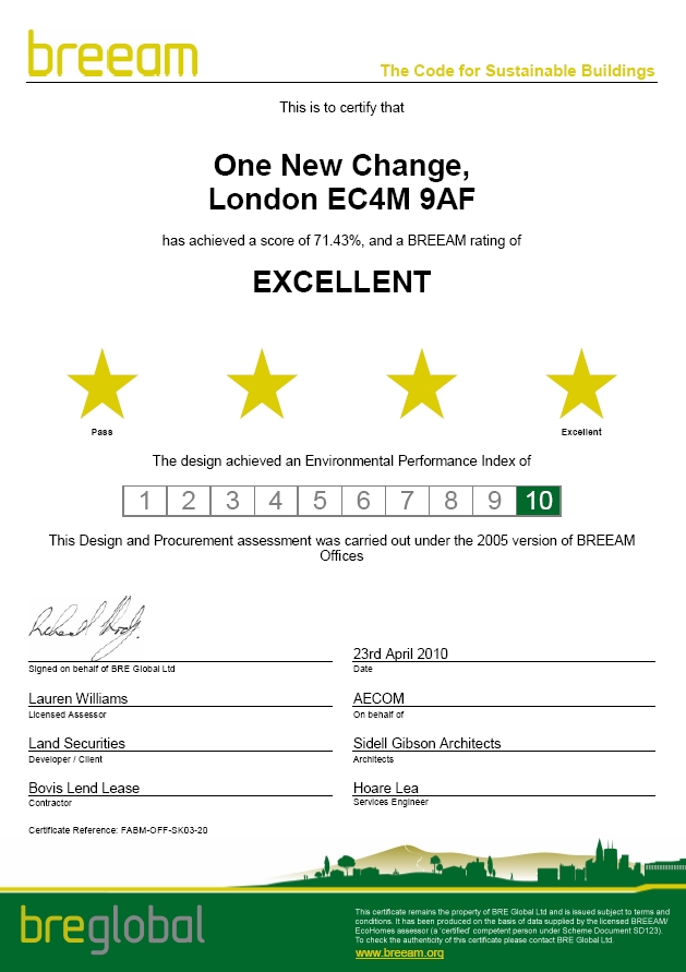 Sidell Gibson Architects: BREEAM 'Excellent' rating for One New Change