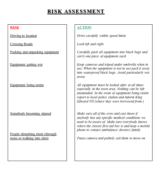 Media Blog: Martha's Risk assessment, shooting schedule & Josh's Ideas
