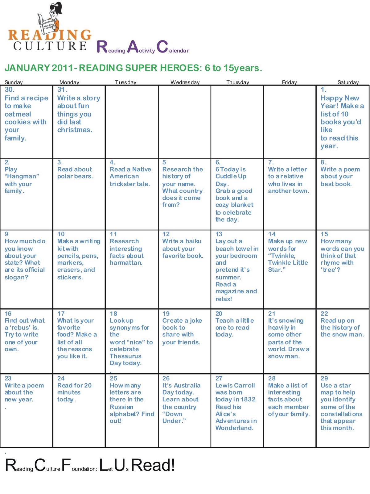 READING Culture Foundation: READING ACTIVITY CALENDAR- AGES 6-15