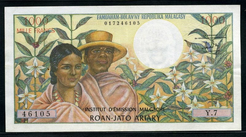 Madagascar banknotes 1000 Malagasy Francs = 200 Ariary banknote 1966 ...