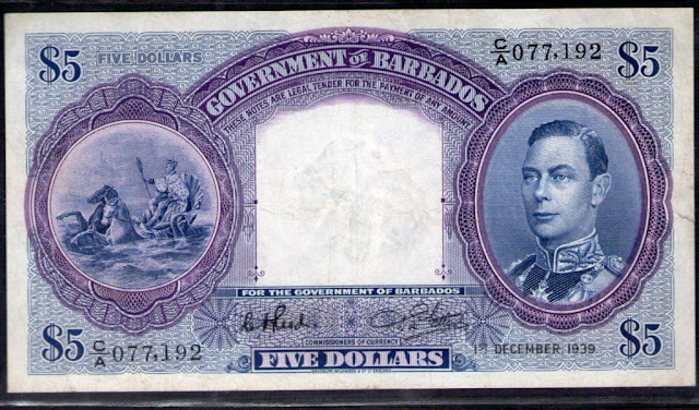 Barbados banknotes 5 dollars banknote of 1939, King George VI. |World ...