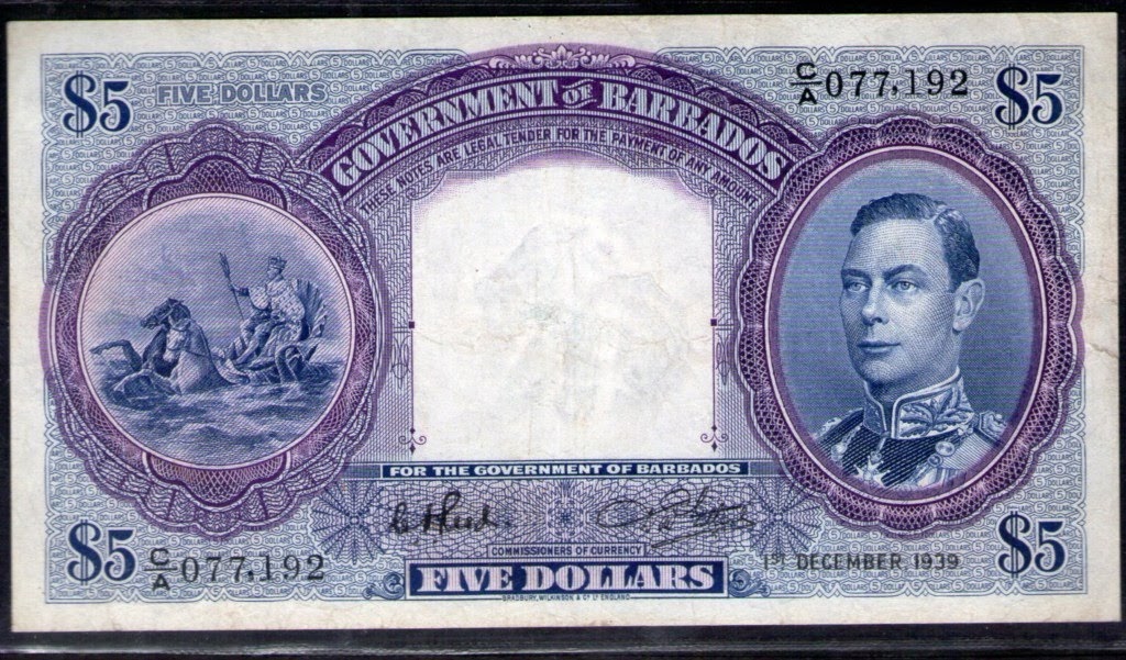 Barbados banknotes 5 dollars banknote of 1939, King George VI. |World ...