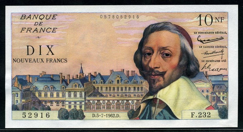 French banknotes 10 Nouveaux Francs note 1962 Cardinal Richelieu|World ...