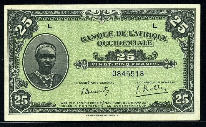 French West Africa banknotes 25 Francs banknote of 1942 World War II ...
