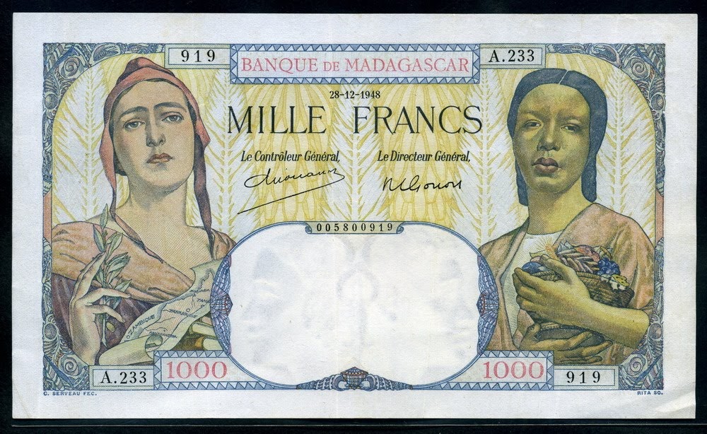 Madagascar banknotes 1000 Francs banknote of 1948 Marianne|World ...