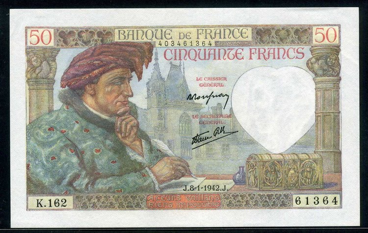 France Paper Money 50 French Francs "Jacques Coeur" banknote of 1942 ...