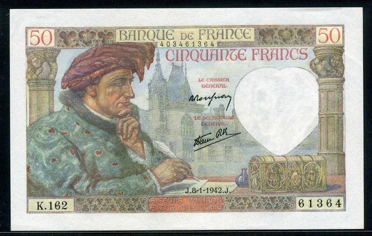France Paper Money 50 French Francs "Jacques Coeur" banknote of 1942 ...