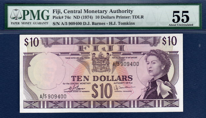 Fiji banknotes 10 Dollars note of 1974 Queen Elizabeth II|World ...