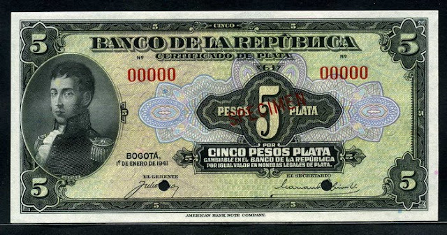 Colombian banknotes 5 Pesos Plata banknote 1941 General Antonio Nariño ...