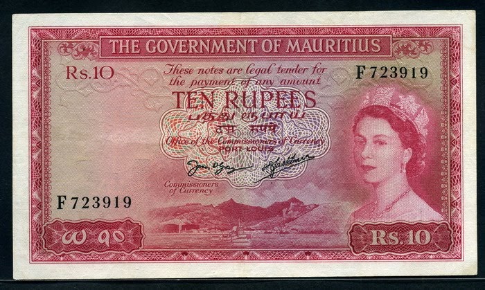Mauritius paper money 10 Rupees banknote 1954 Queen Elizabeth II|World ...