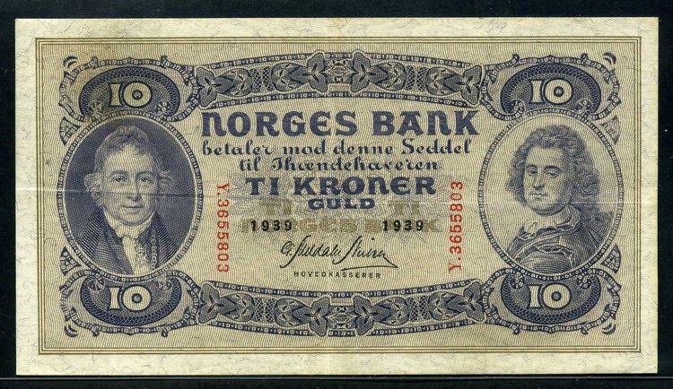 Norwegian banknotes 10 Kroner note of 1939 Admiral Tordenskjold ...