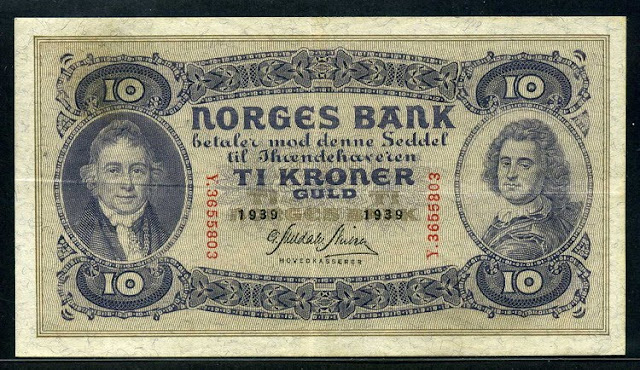 Norwegian banknotes 10 Kroner note of 1939 Admiral Tordenskjold ...
