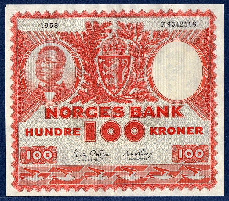 Norwegian Banknotes 100 Kroner banknote of 1958 Henrik Wergeland|World ...