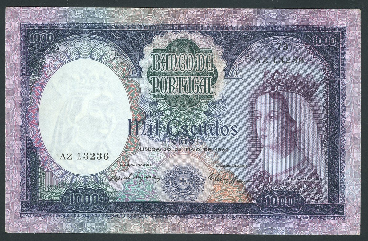 Portugal paper money 1000 Escudos note 1961 Philippa of Lancaster ...