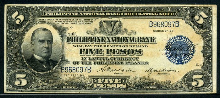 US Philippines 5 Pesos banknote of 1921 President William McKinley ...