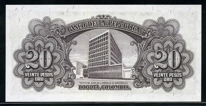 Colombian banknotes 20 Pesos Oro note of 1965, Francisco José de Caldas.