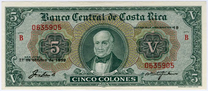 Costa Rica 5 Colones banknote 1959 Braulio Carrillo|World Banknotes ...