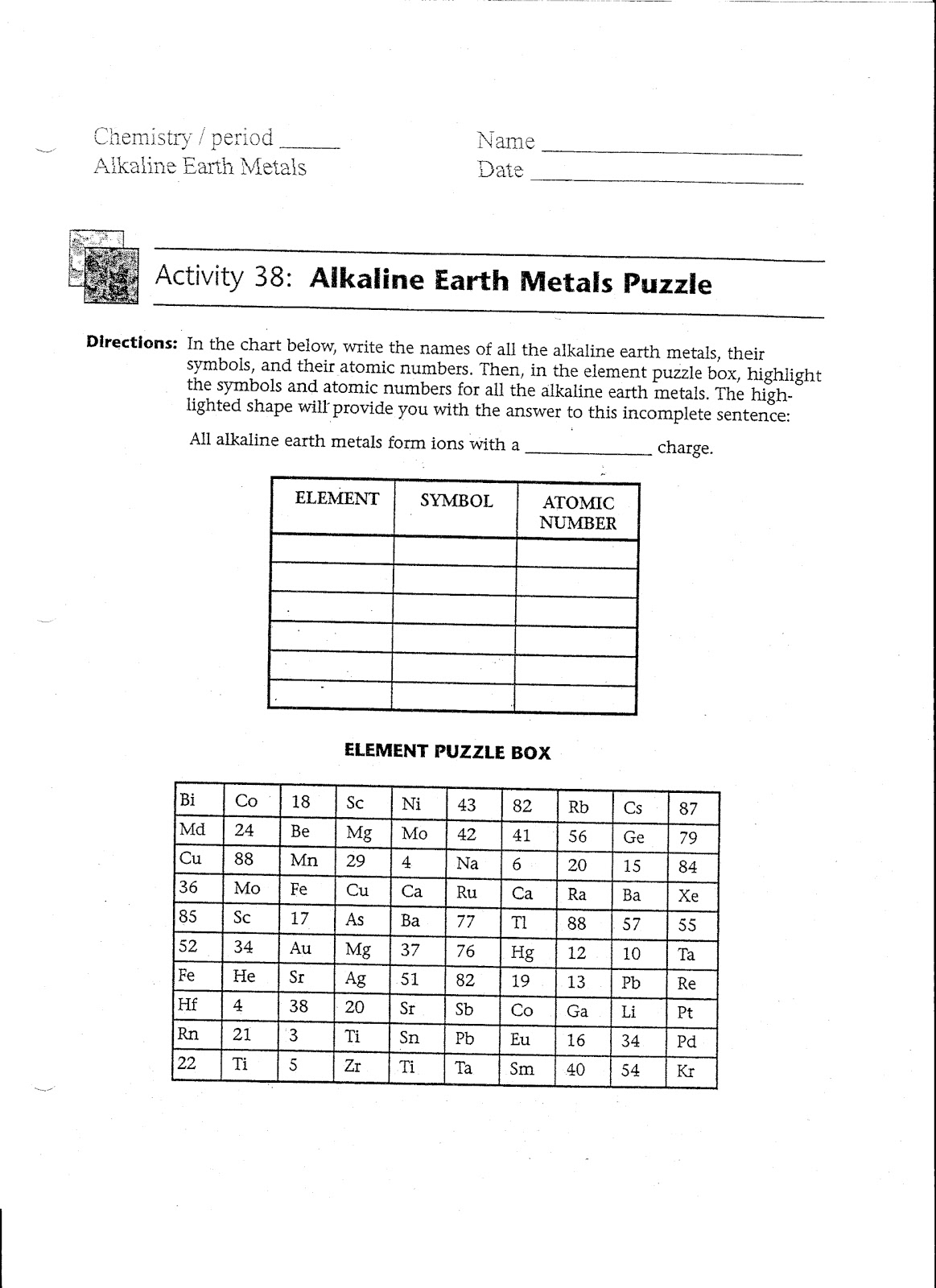 Chemistry: Due Wed Nov 17: alkaline earth metals