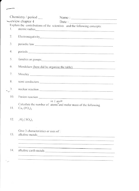 Chemistry: Chapter 4 study guide due Mon Nov 22. Test on Tuesday