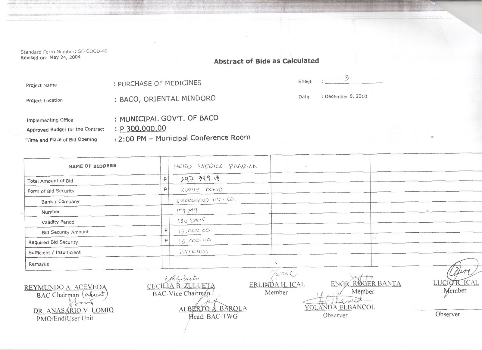 Municipality of Baco Financial Disclosures: Abstract of Bids as ...