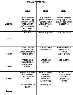 Teenage athletic diet: Three Day Meal Plan