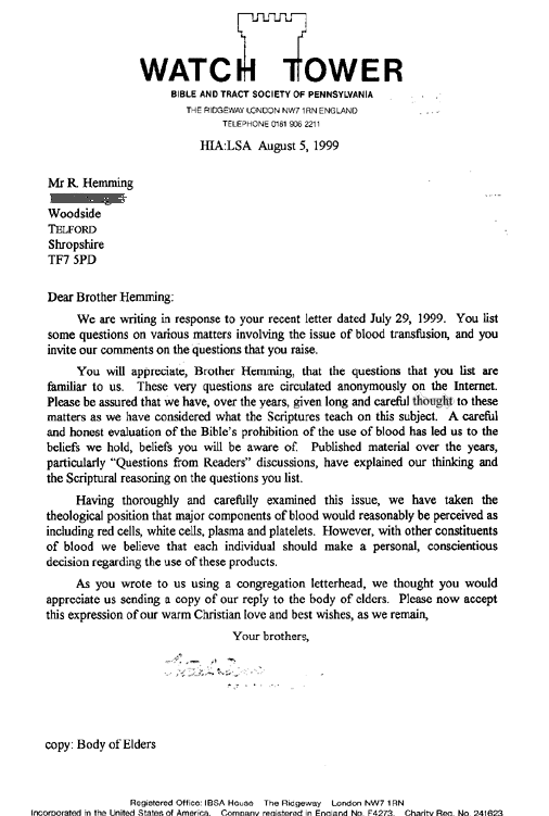 Letter About Blood Doctrine