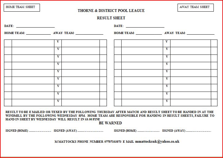 Thorne and District Pool League: RESULT SHEET
