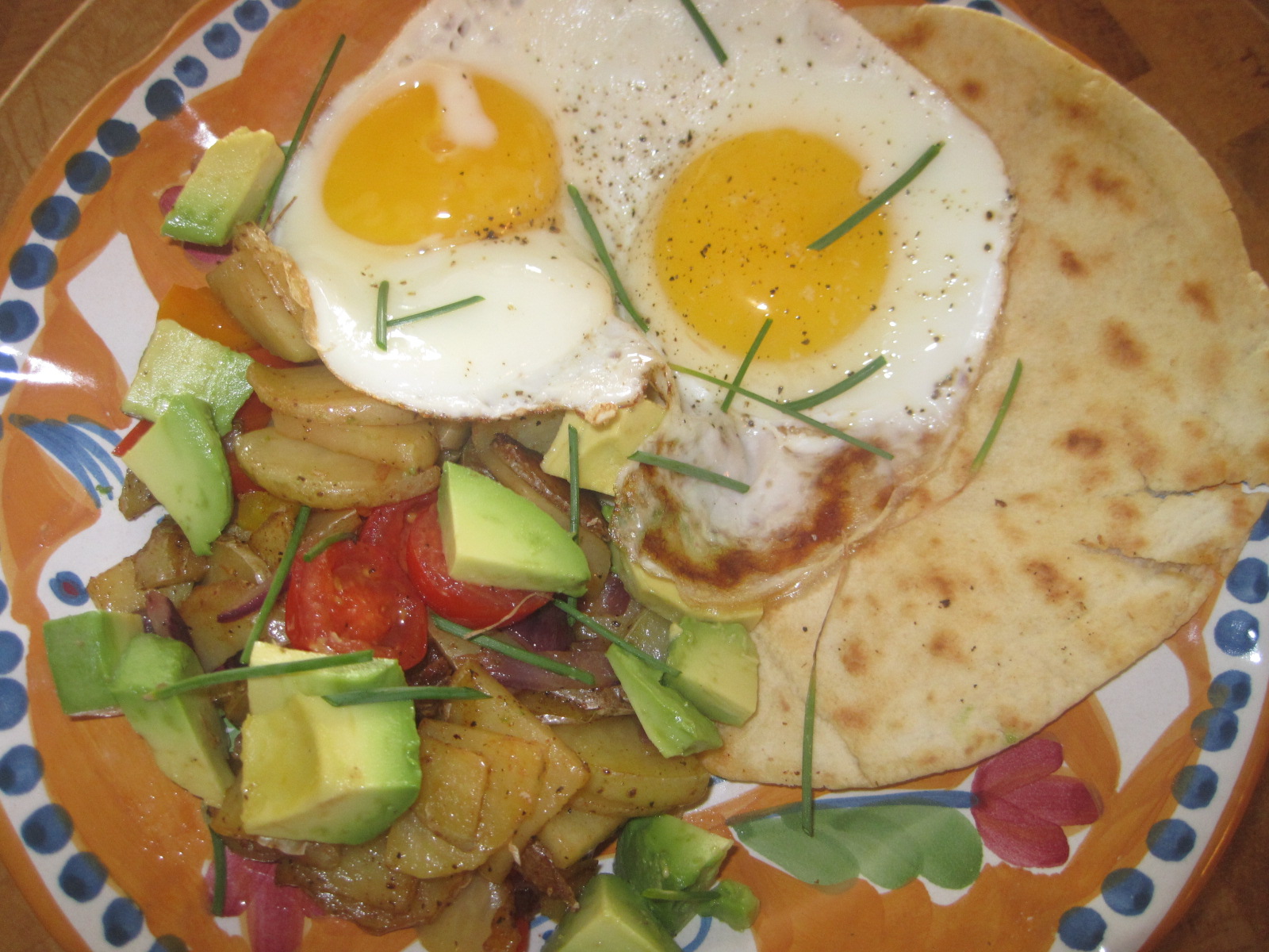 Mexican potato, vegetable hash with sunshine and avocados!