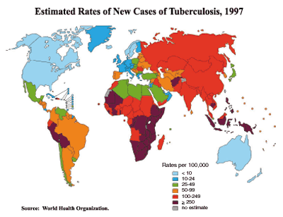 Tuberculosis: Cases of tuberculosis in 1997 around the world