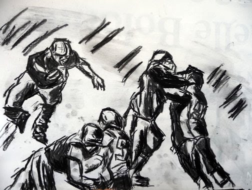 Football running back charcoal drawing by sports artist John Robertson