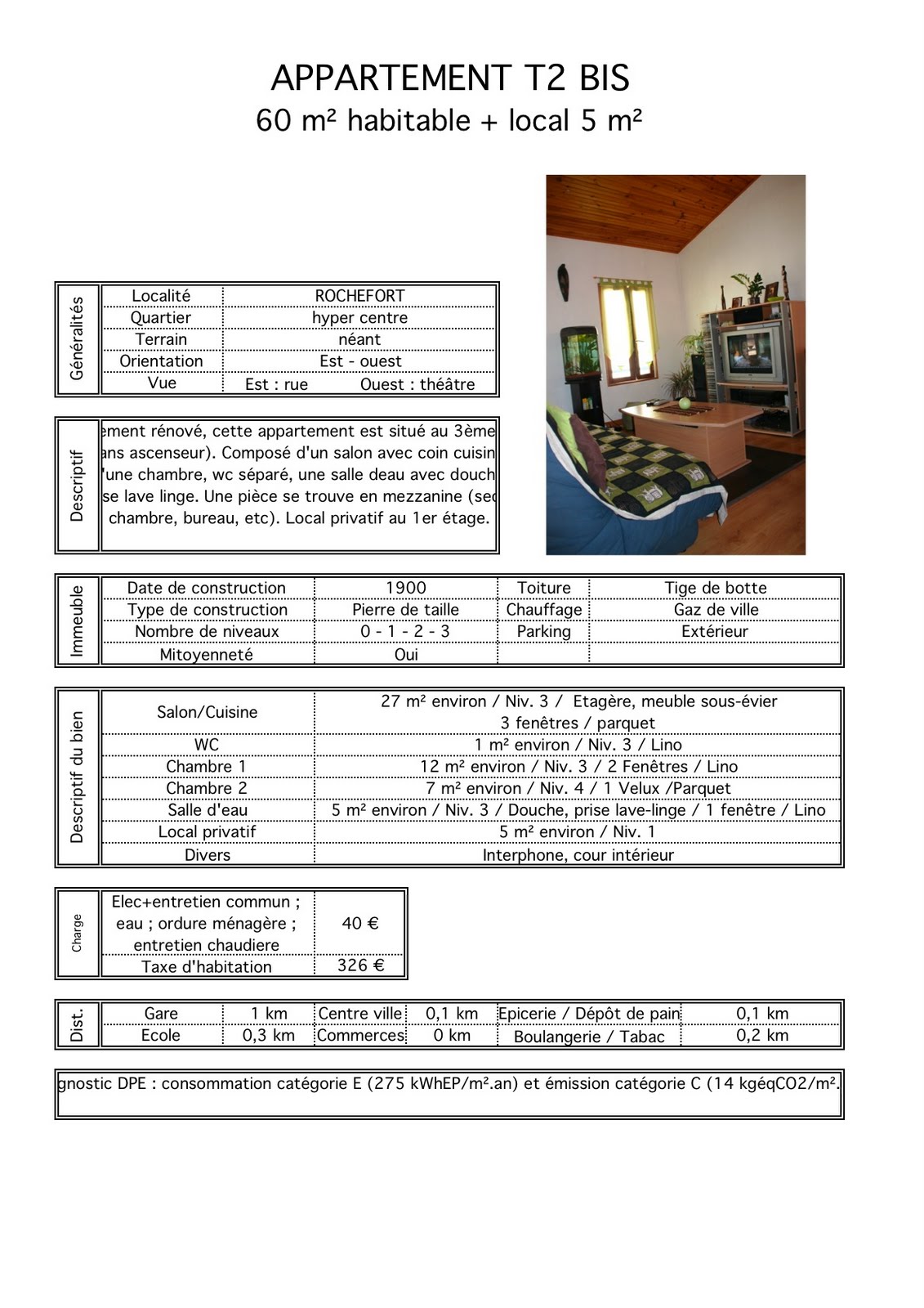 Appartement T2bis Rochefort à louer: Fiche technique