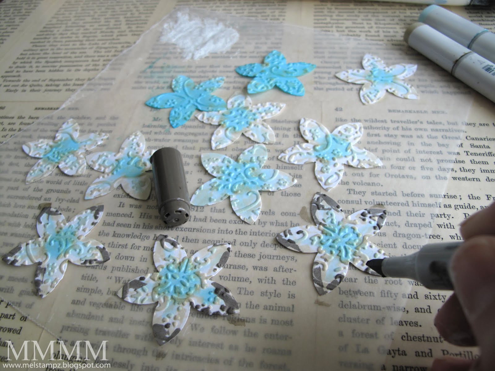 Mel Stampz: Embossed Fresco Flowers (with a 5 petal flower punch & a ...