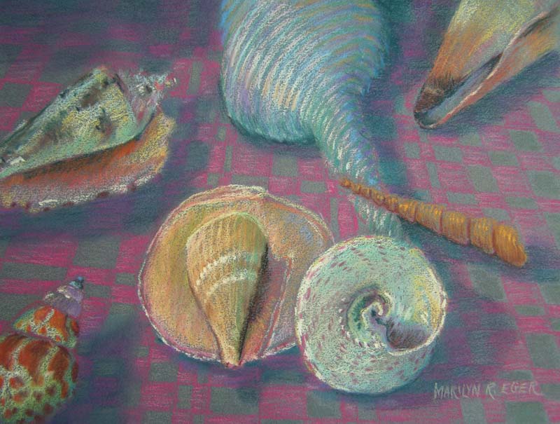 Marilyn Eger: Sea Shells on Pink, pastel drawing 10" X 12.5" M. Eger